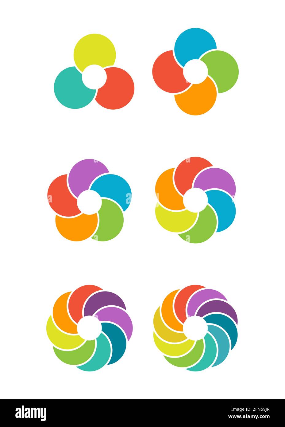 set of color pie charts of 3, 4, 5, 6, 8, and 10 parts or elements for ...