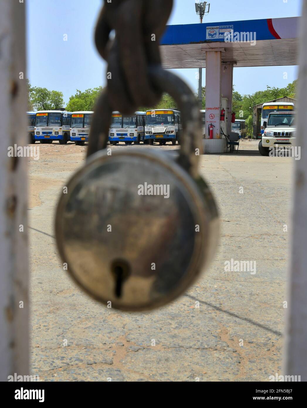 Beawar, Rajasthan, India, May 13, 2021: Roadways buses locked in depot ...