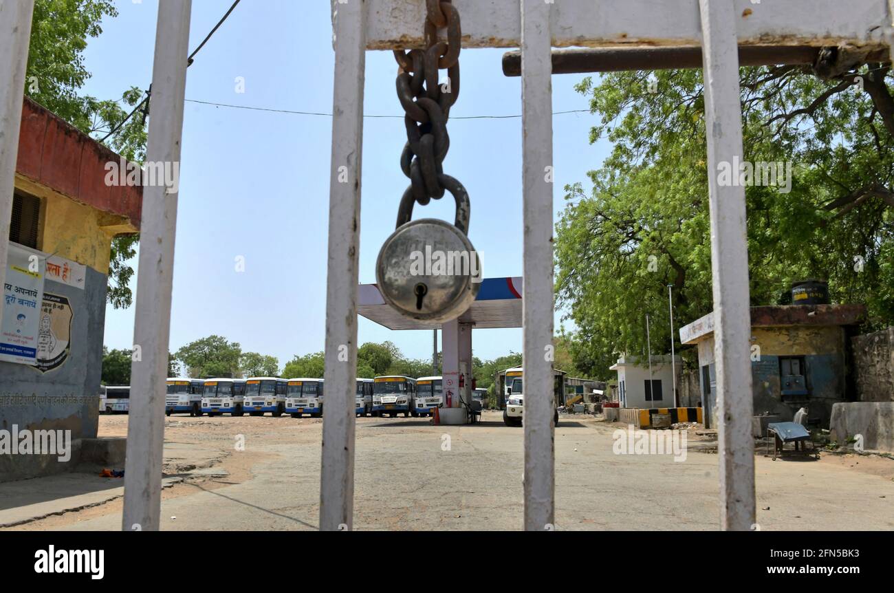 Beawar, Rajasthan, India, May 13, 2021: Roadways buses locked in depot ...