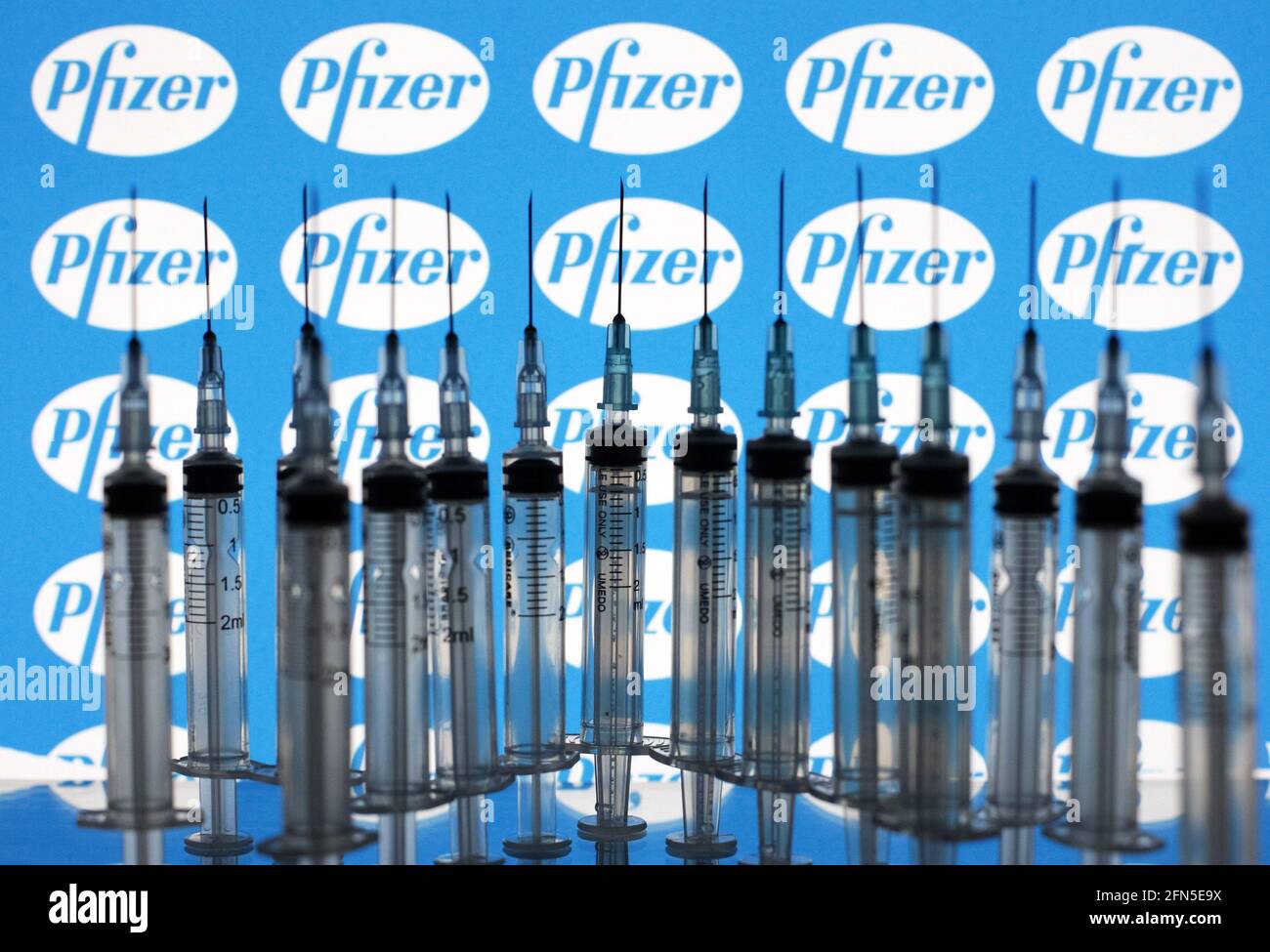 Kiev, Ukraine. 13th May, 2021. Medical syringes are pictured in front ...