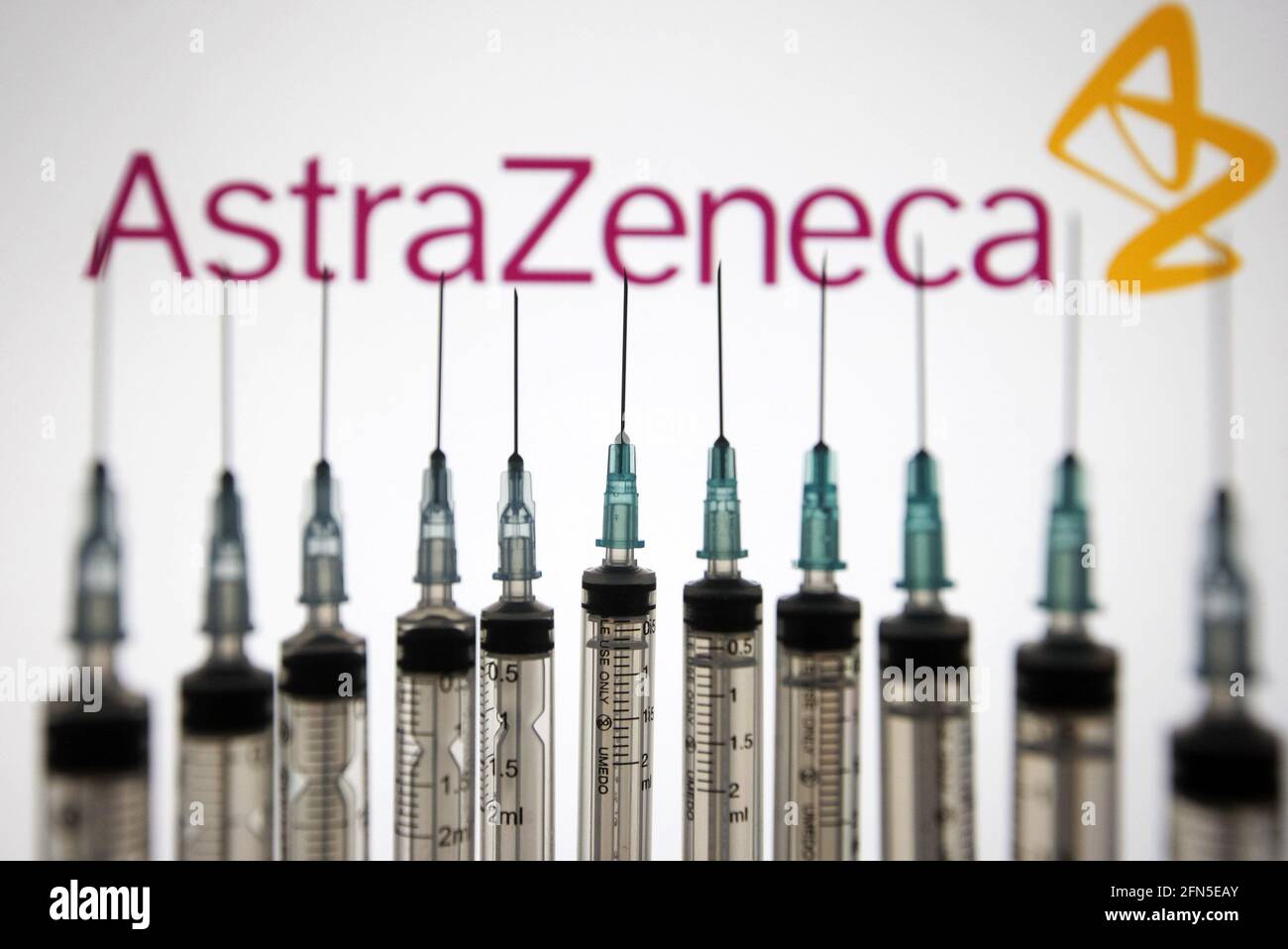 Kiev, Ukraine. 13th May, 2021. Medical syringes are pictured in front ...