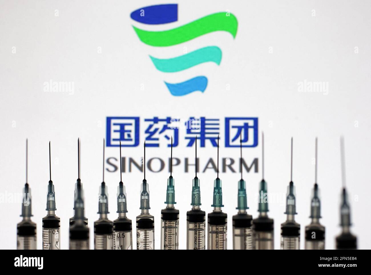 Medical syringes are pictured in front of the Sinopharm logo in this ...