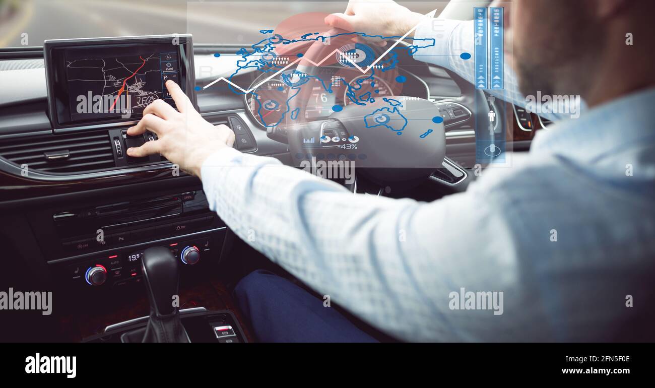 Composition of data processing on interactive screen over businessman ...