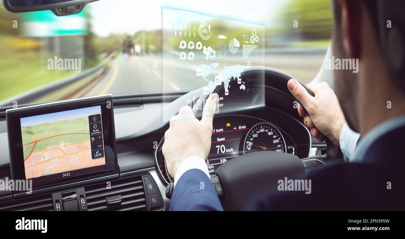 Composition of data processing on interactive screen over businessman ...