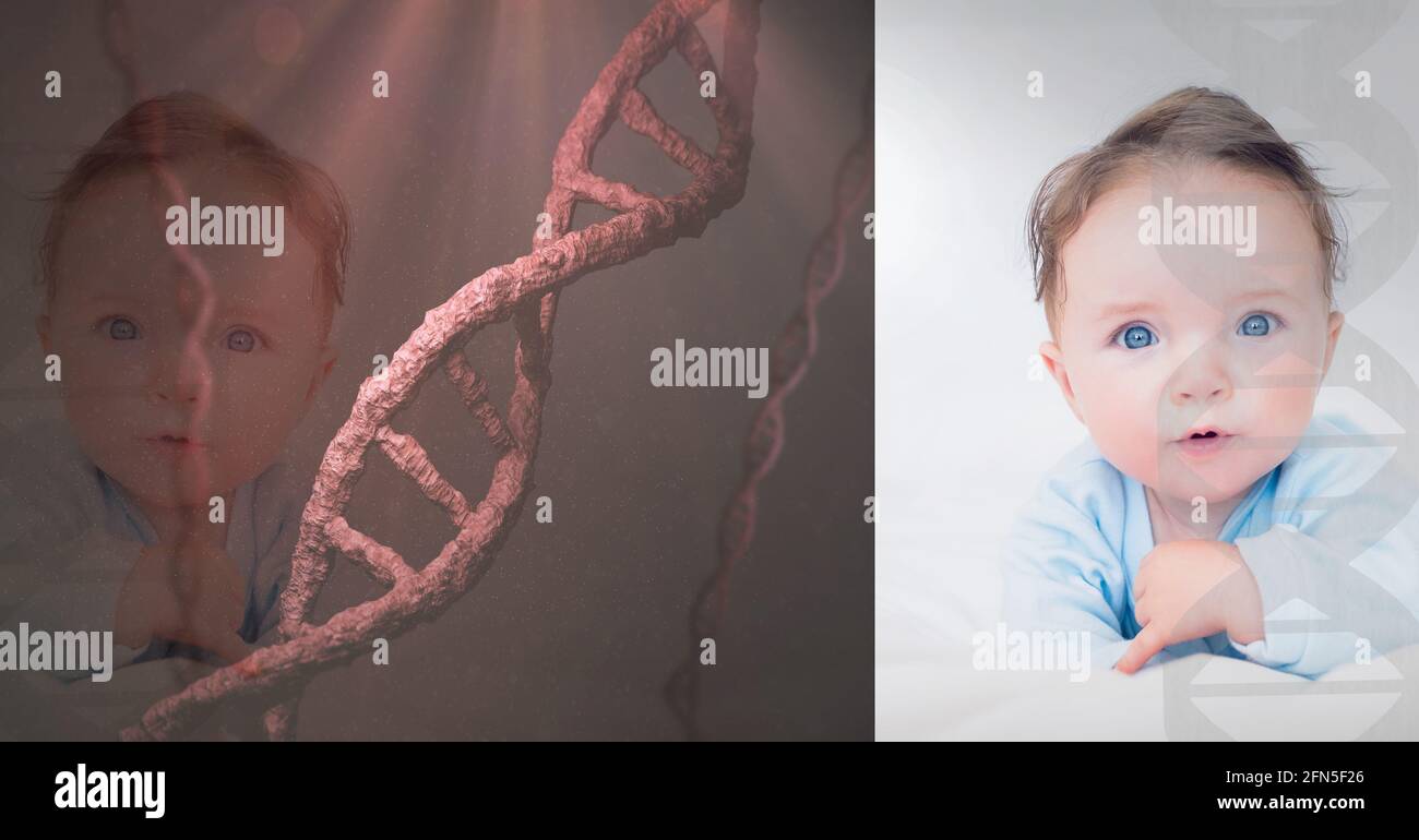 Caucasian baby with blue eyes on a digital dna red background concept ...