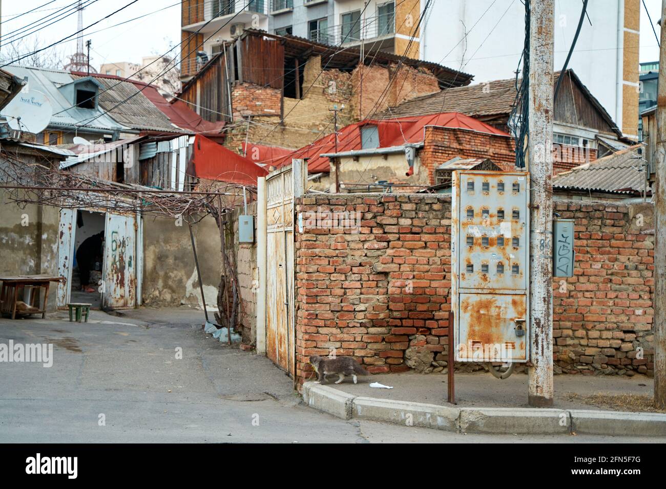 Rusty street box with electricity meters in the old part of the city ...