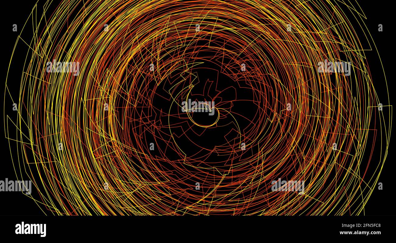 Rotation by thin tangled lines on black background. Complicated graphic ...