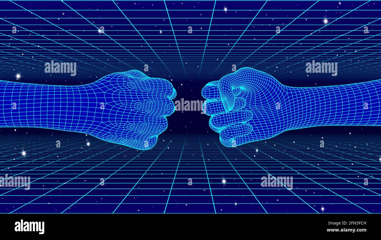 Fist bump concept with cyberpunk human and machine hands in 80s neon ...
