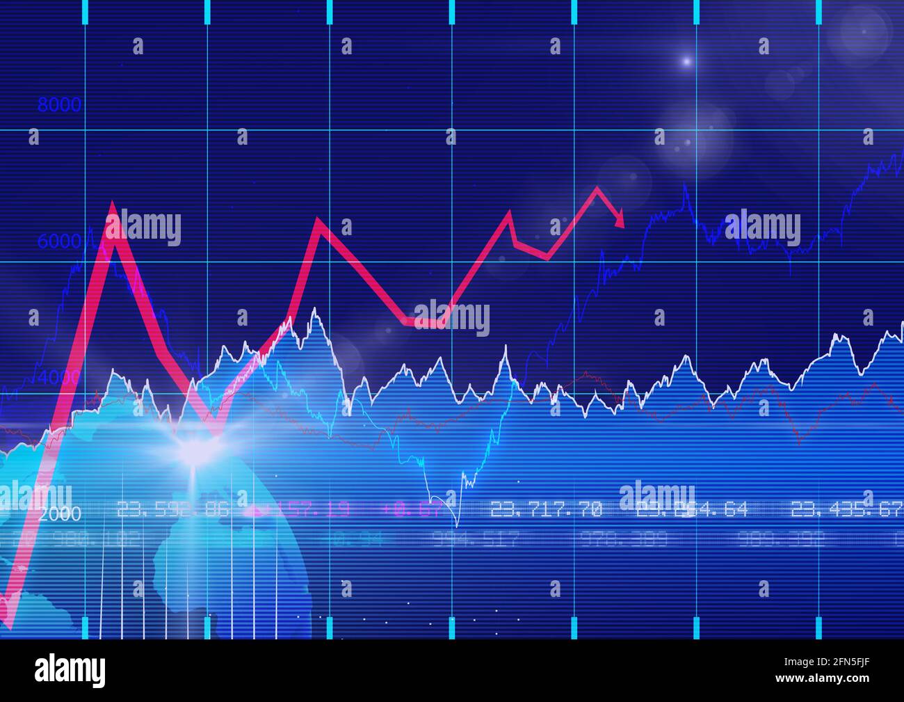 Stock market data and graphs processing over earth, finances and ...