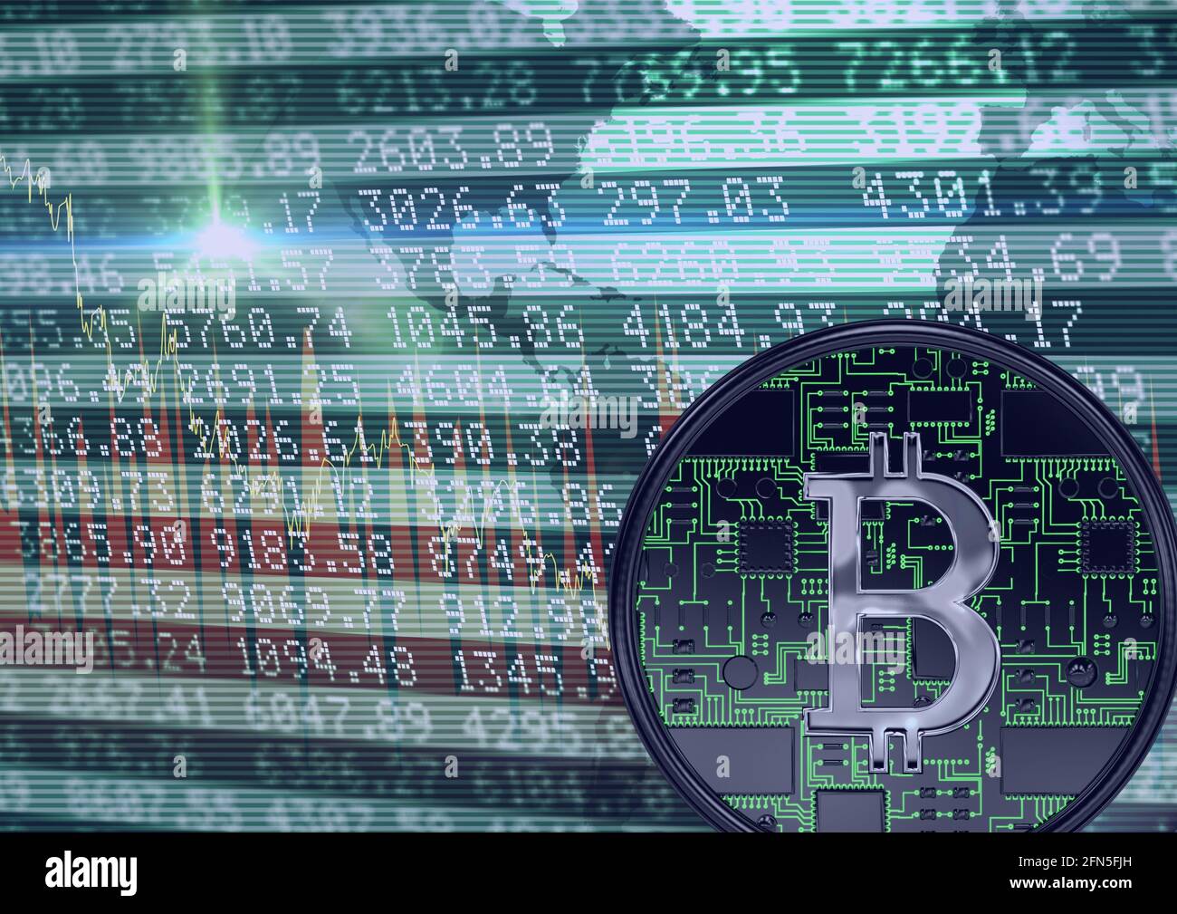 Bitcoin over stock market data and graphs processing, economy and ...