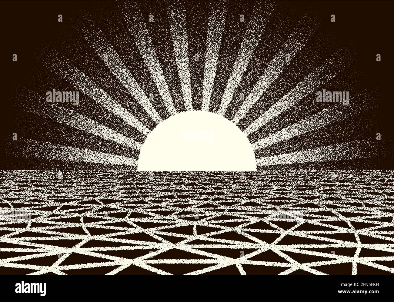 Retro dotwork landscape with 80s styled sun rays, laser grid and stars ...
