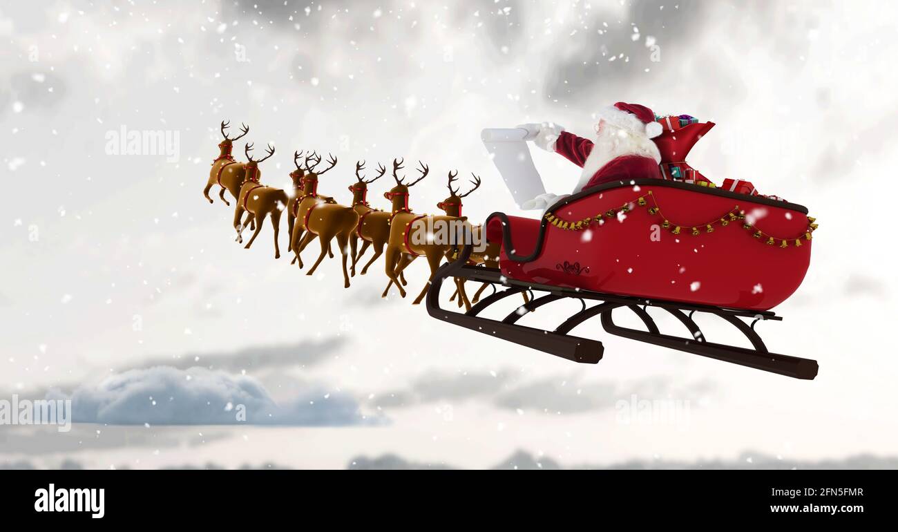Composition of santa claus in sleigh pulled by reindeer over snow ...