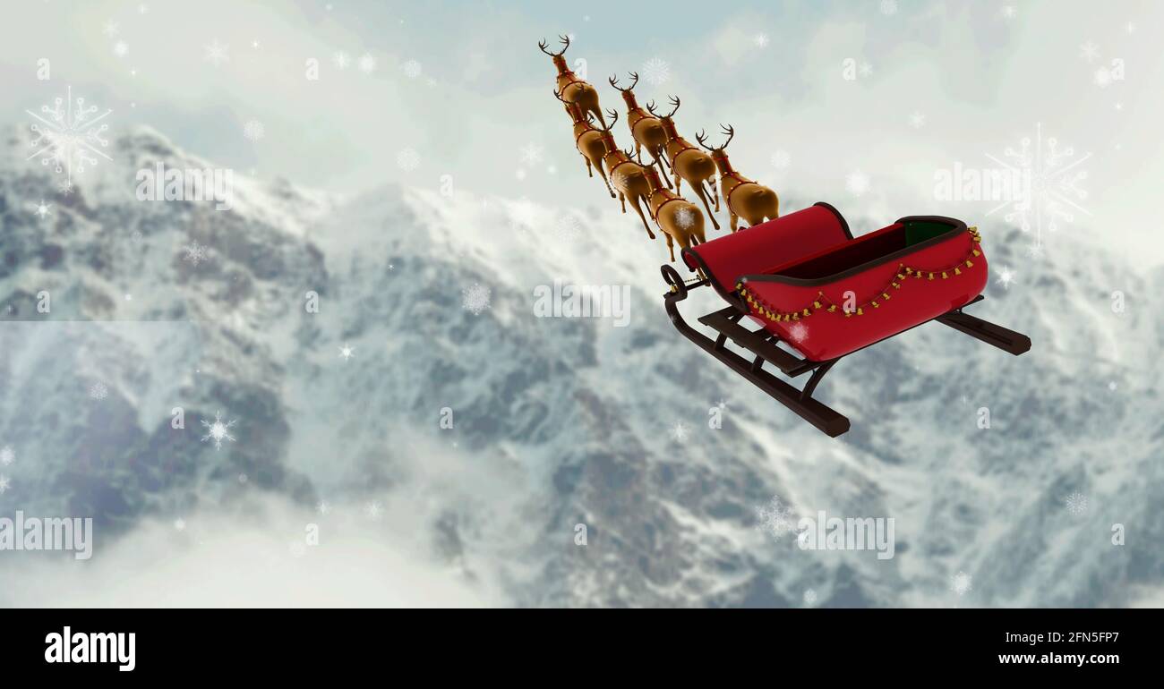 Composition of santa claus in sleigh pulled by reindeer on mountains in ...