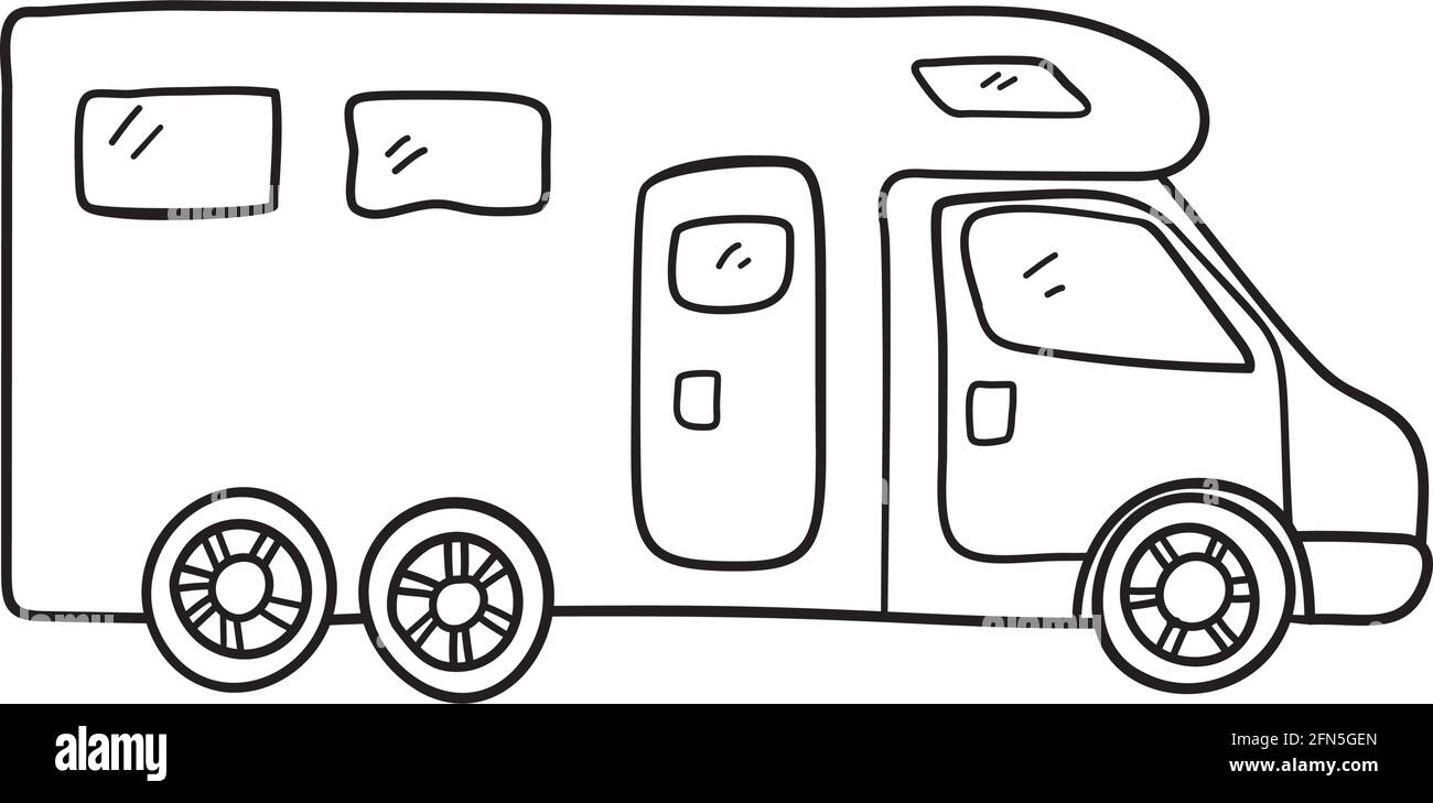 Icon Of Camping Family Caravan Car. Hand Drawn Sketch Design. Vector ...