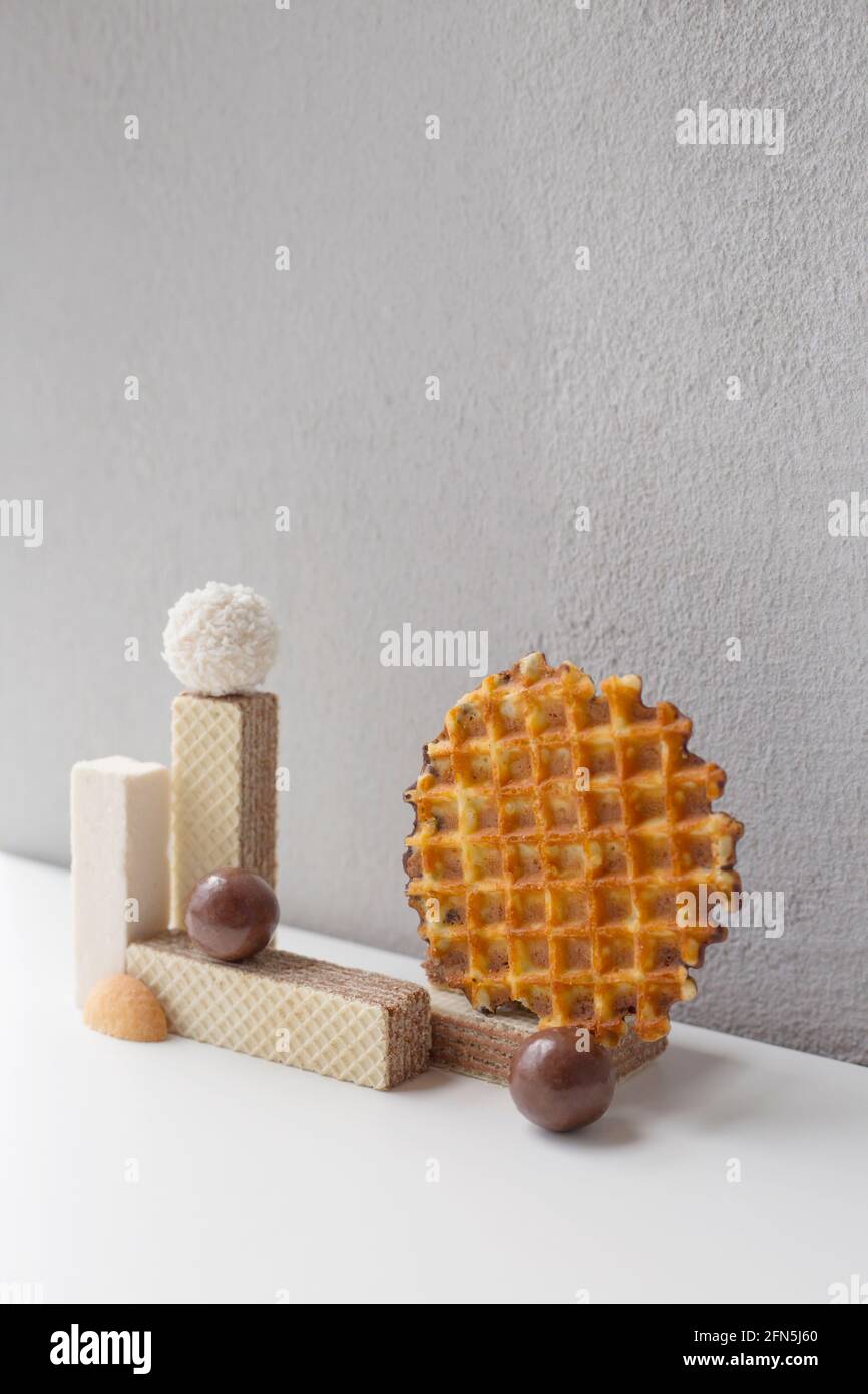 Geometric composition of sweet food - wafers, candies, marshmallow and ...