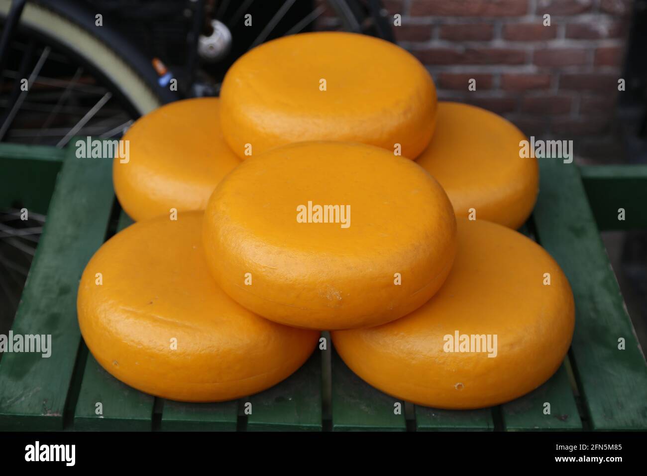 The characteristic yellow-colored round shapes of Dutch cheese Stock ...