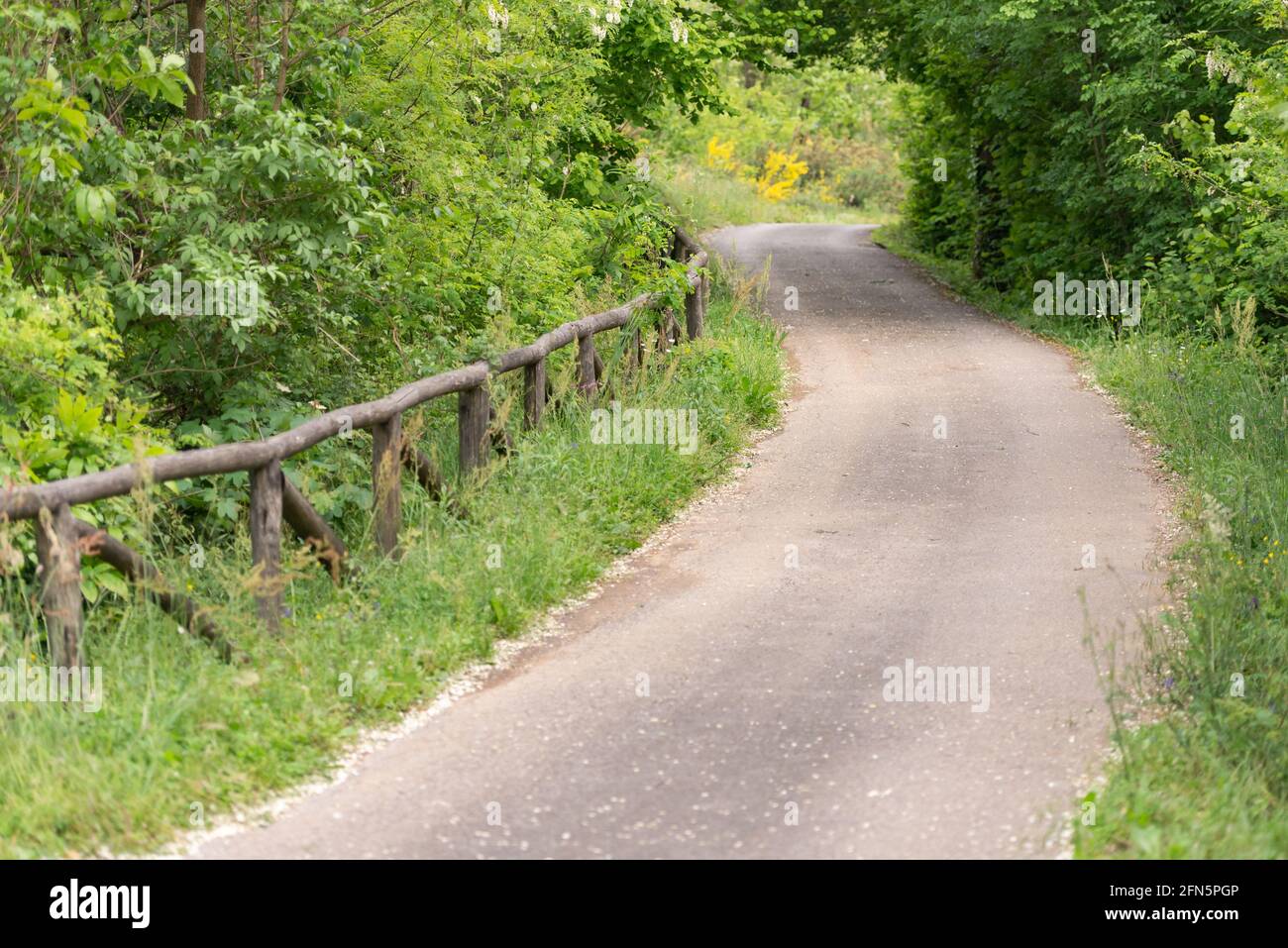 Fence in the mountains made of old tree trunks. Rural roads in the ...