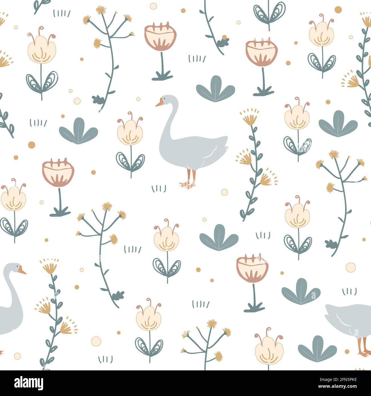 Cute seamless pattern with goose and doodle flowers. Vector ...