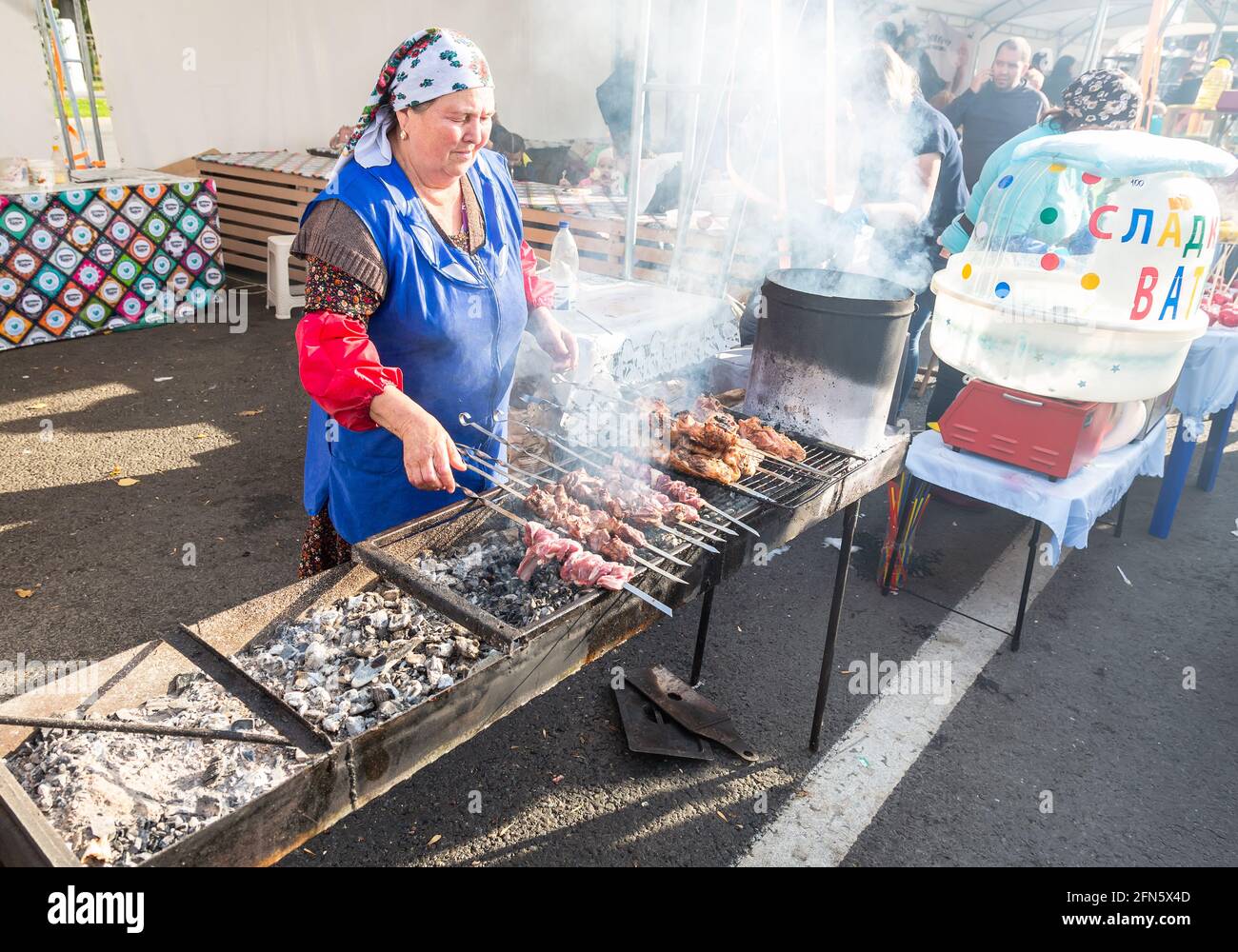 Samara, Russia - October 5, 2019: Cooking appetizing kebab on metal ...