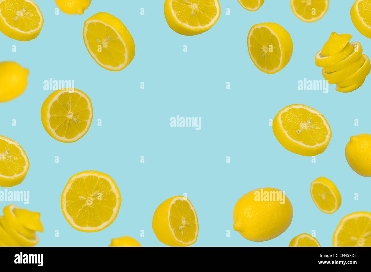 Floating levitating fresh lemon on pastel blue background. Vitamins ...