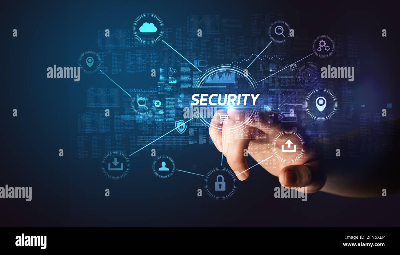 Hand touching cybersecurity button concept Stock Photo - Alamy
