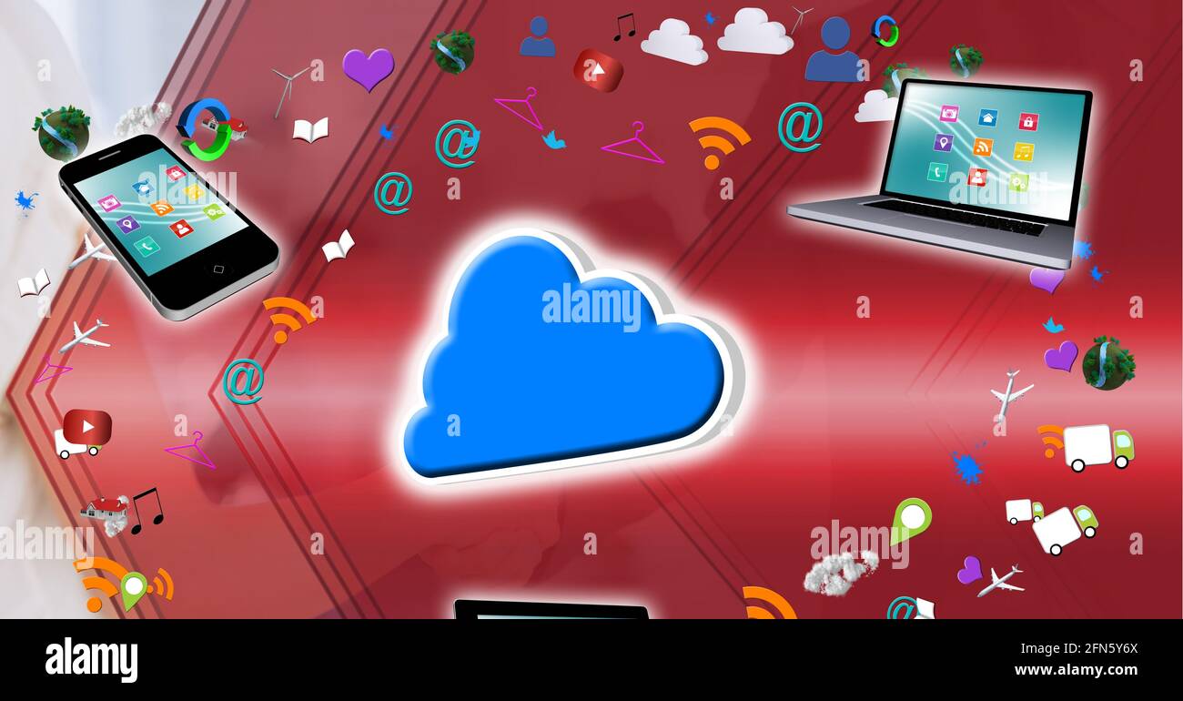 Cloud icon, electronic devices and multiple digital icons against ...