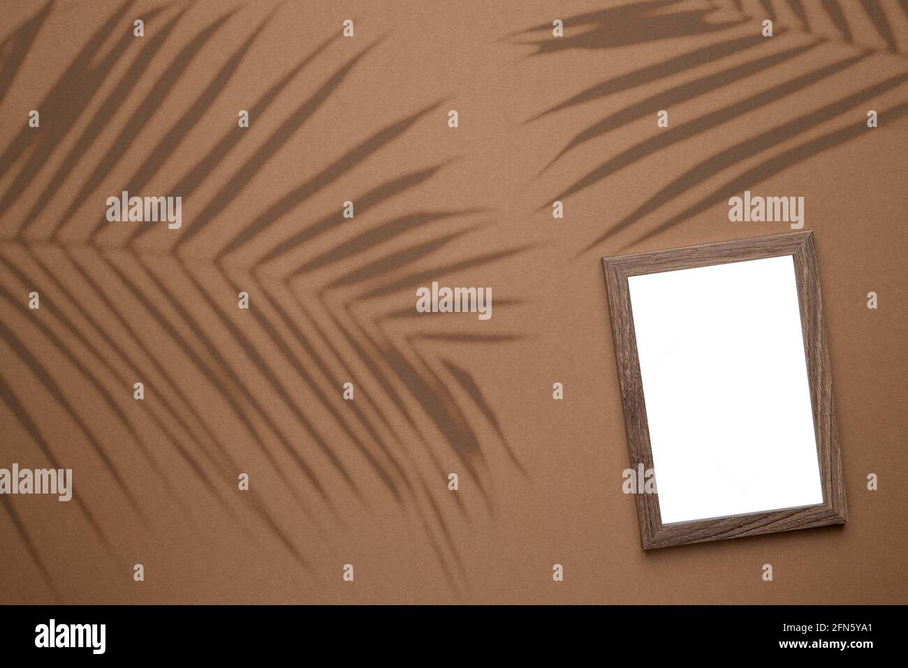 Blank picture frame on trend brown background with tropical plant ...