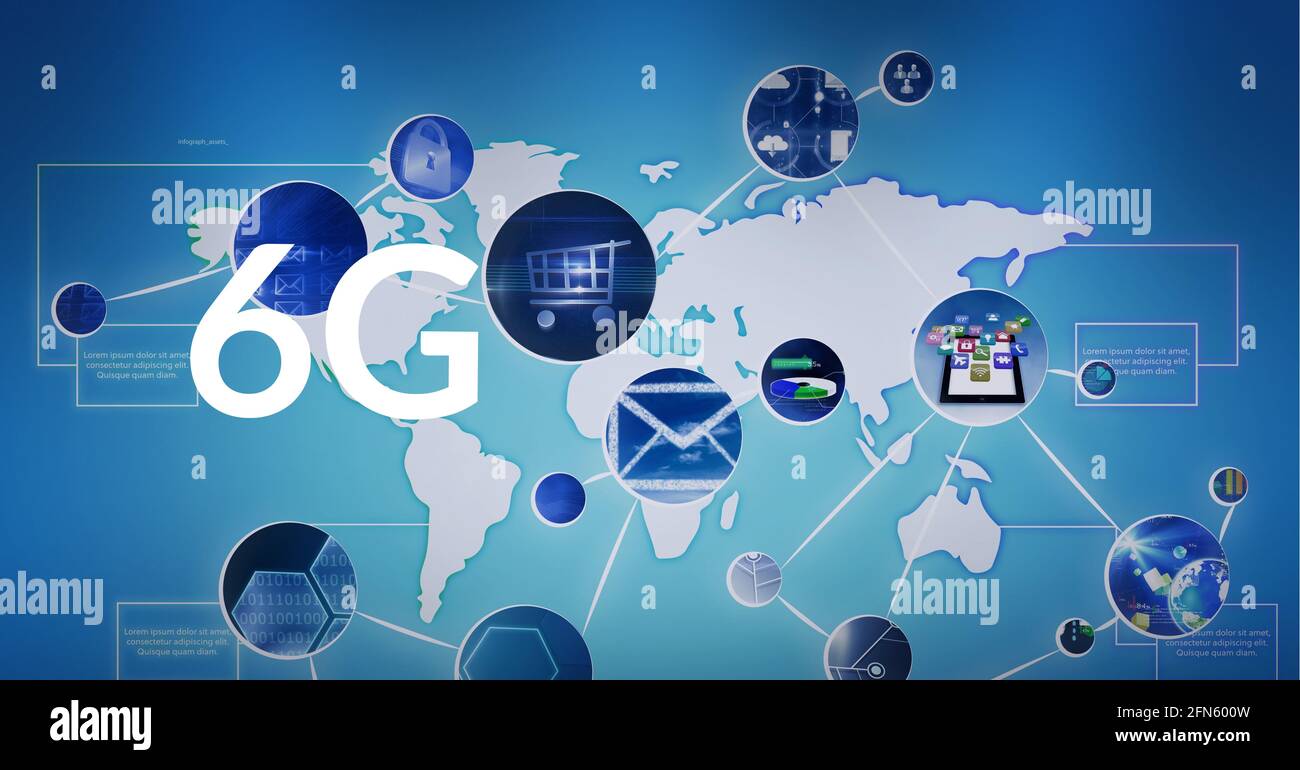 Composition of 6g text over network of connections with icons and world ...