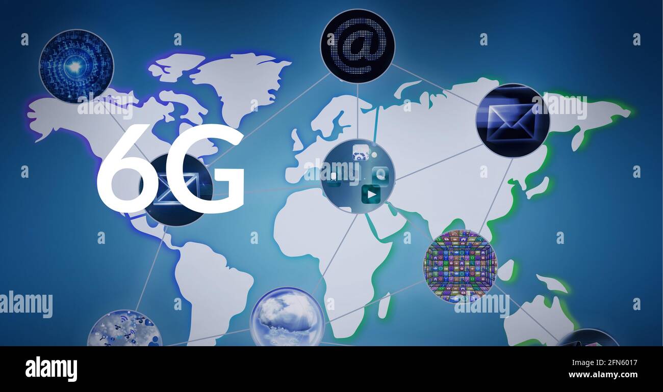 Composition of 6g text over network of connections with icons and world ...