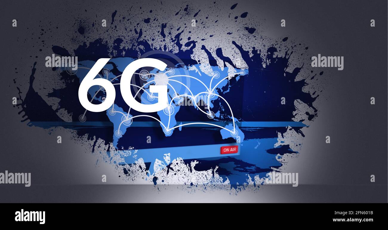 Composition of 6g text and connections over world map in background ...