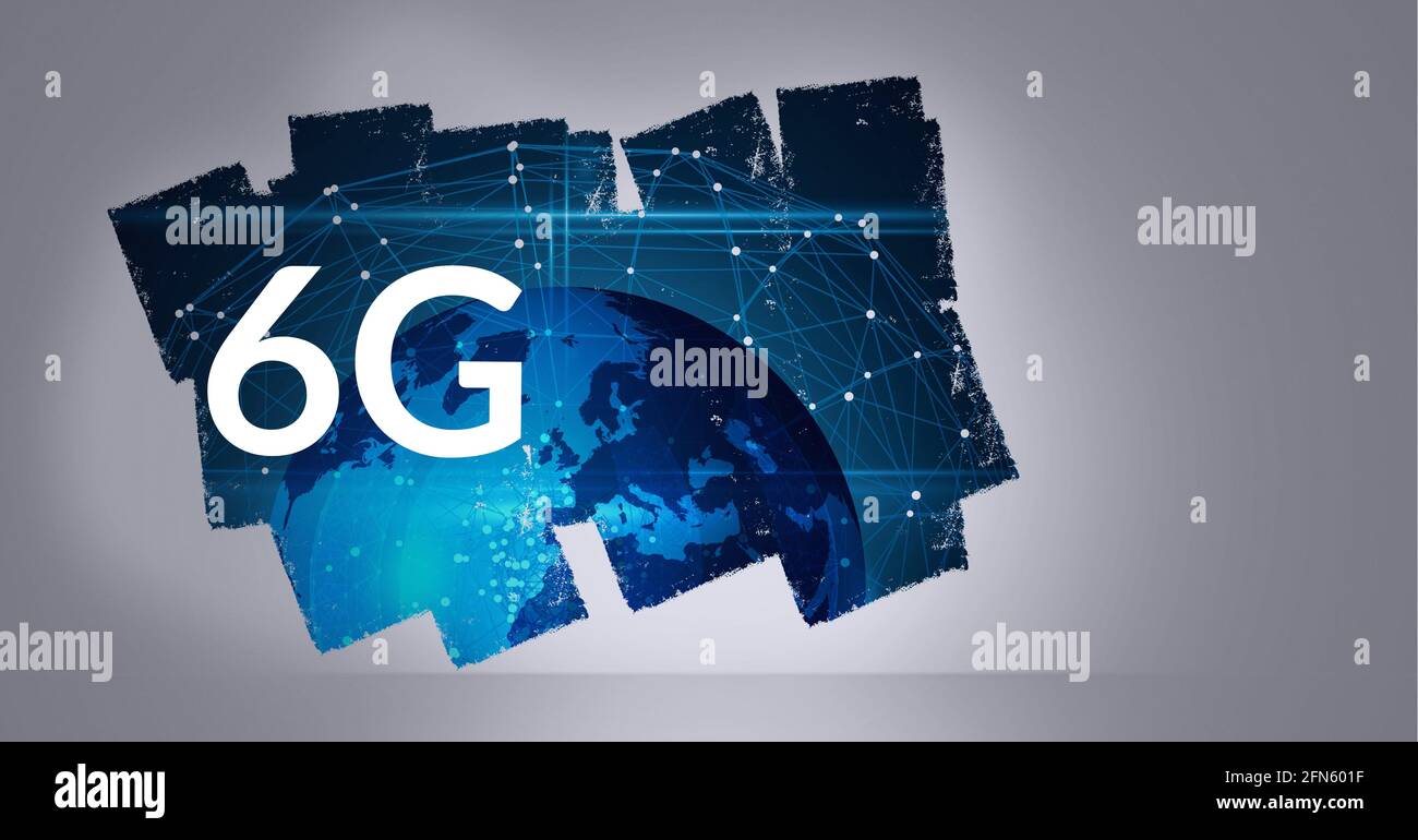Composition of 6g text over network of connections with globe on grey ...