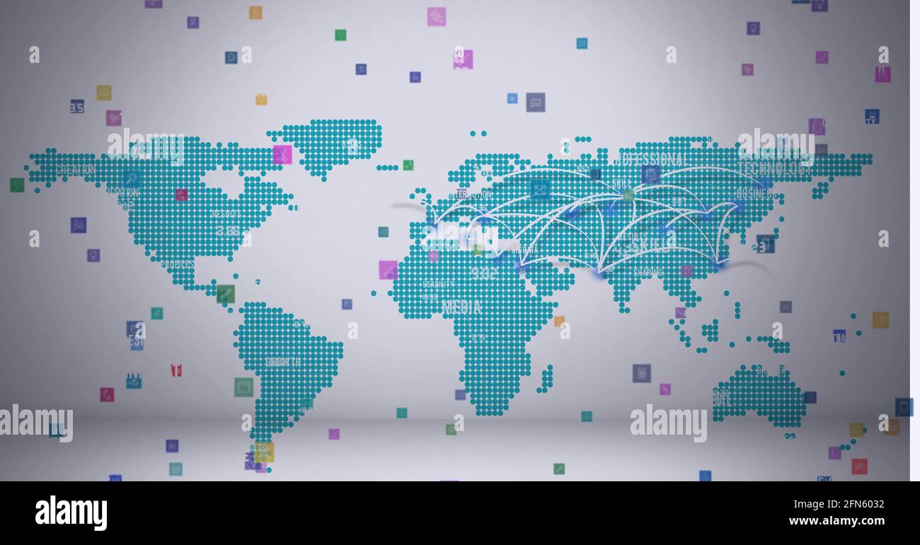 Animation of network of connections with icons over world map Stock ...