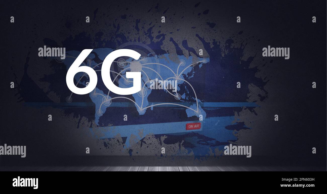 Composition of 6g text and connections over world map on blue ...