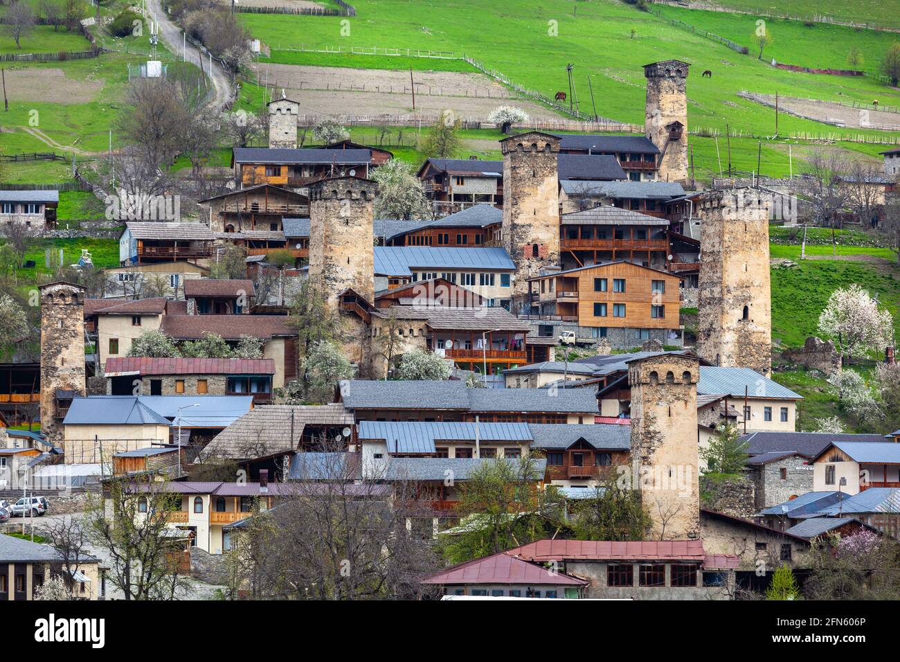 Towers of Mestia village in Svaneti area Caucasus mountains in Georgia ...