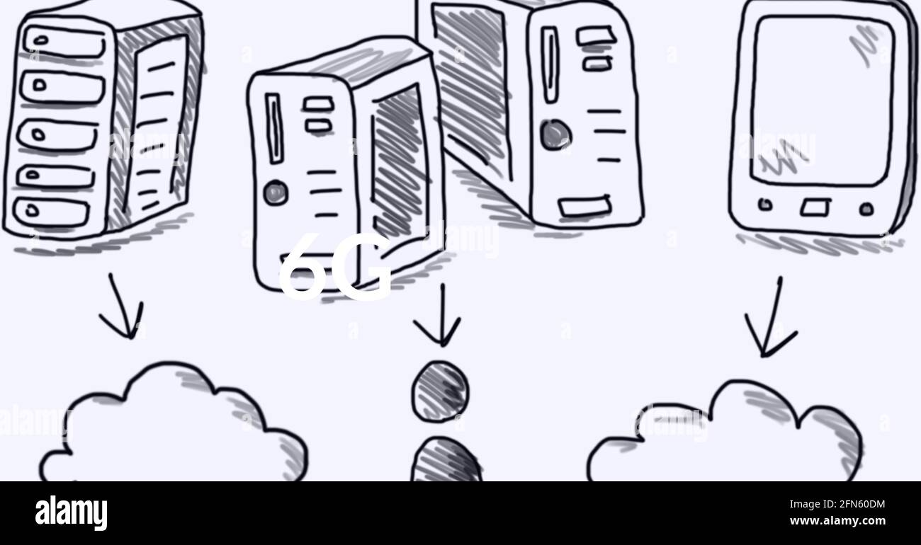 Composition of hand drawn computer servers with arrows and clouds on ...