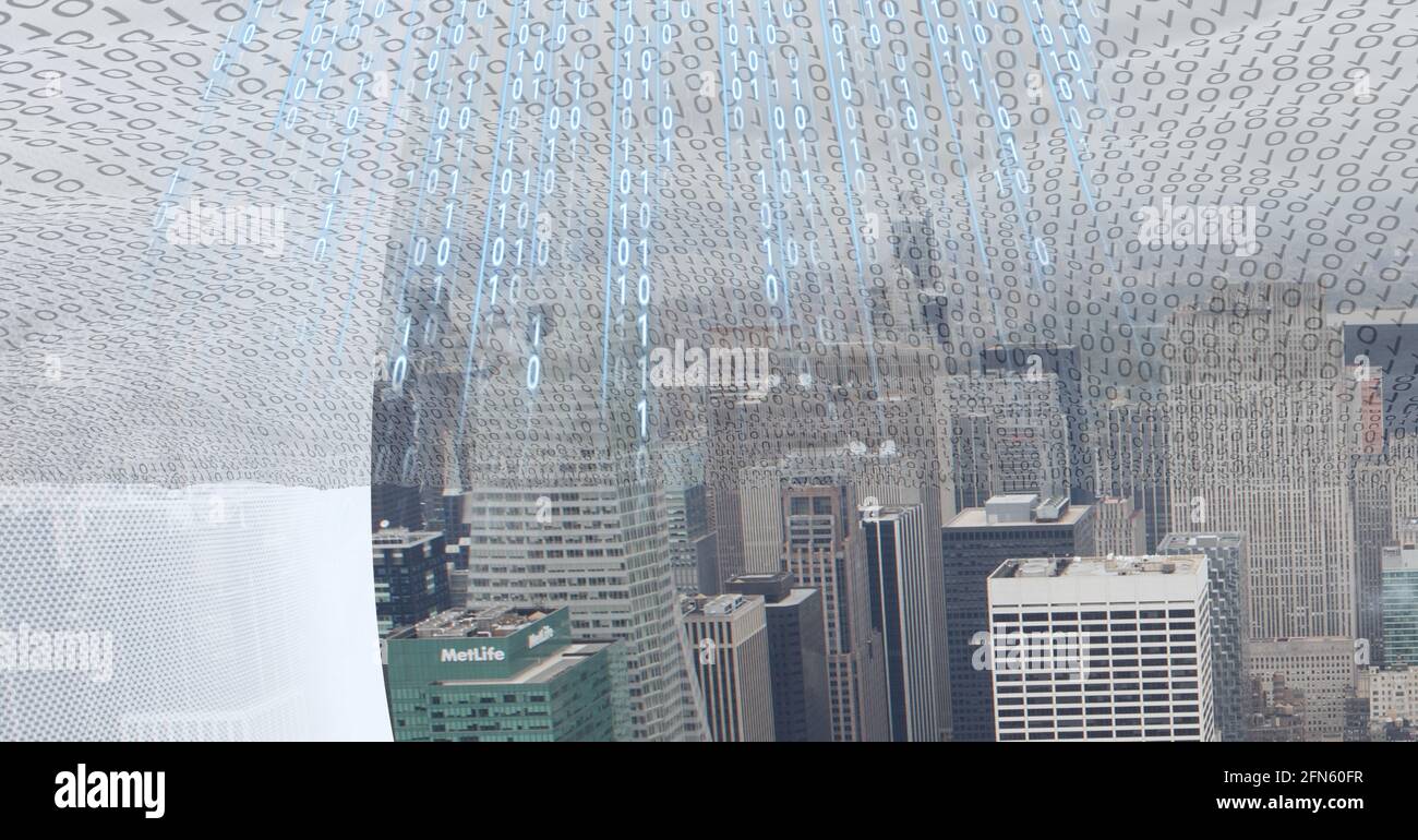 Composition Of Binary Coding Over Modern Office Cityscape Background 0765