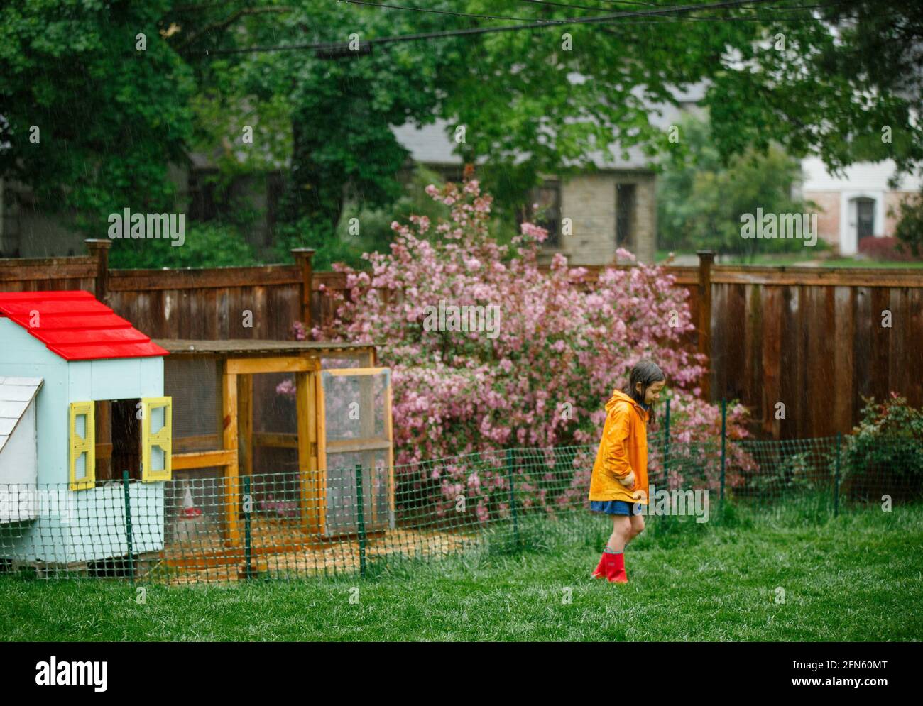A child walks through the rain in bright coat and boots in backyard ...