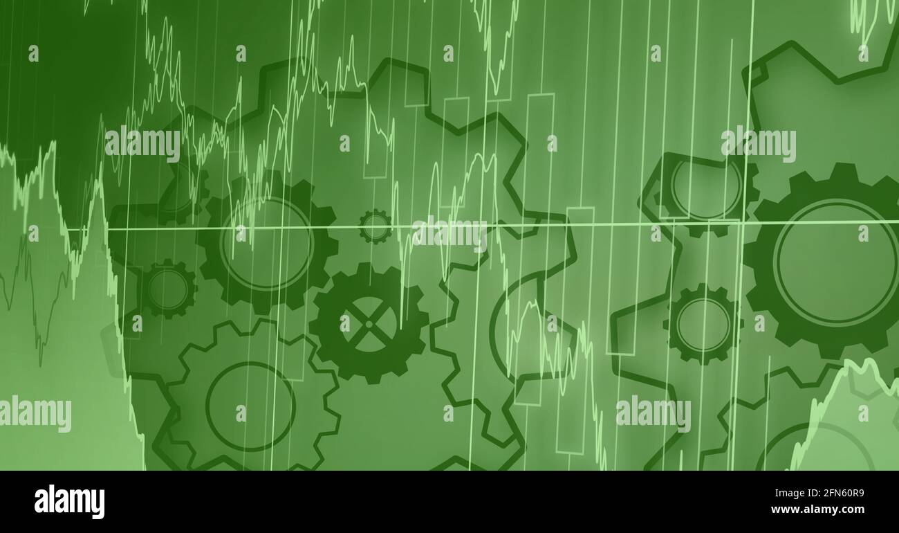 Composition of green financial data processing on screen over cogs ...