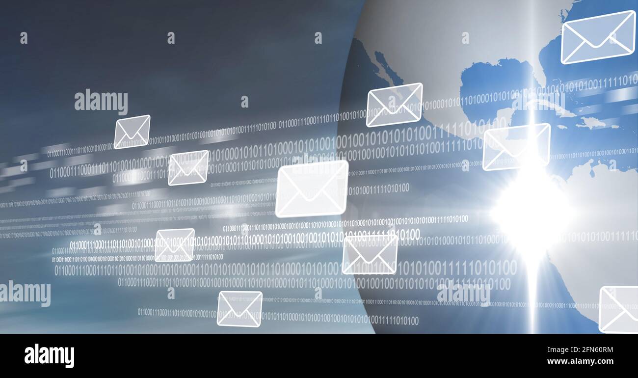 Composition of envelope icons with binary coding over globe Stock Photo - Alamy