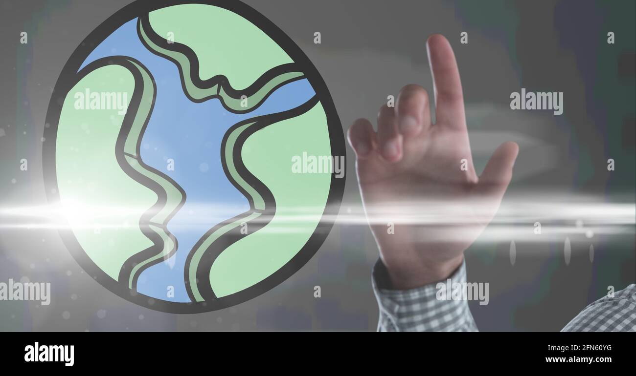 Composition of finger pointing up over illustration of planet earth ...