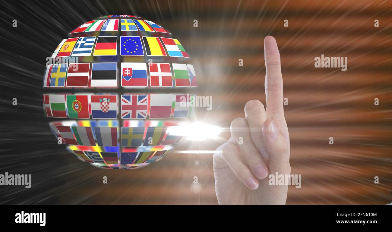 Composition of finger pointing up over illustration of earth formed ...