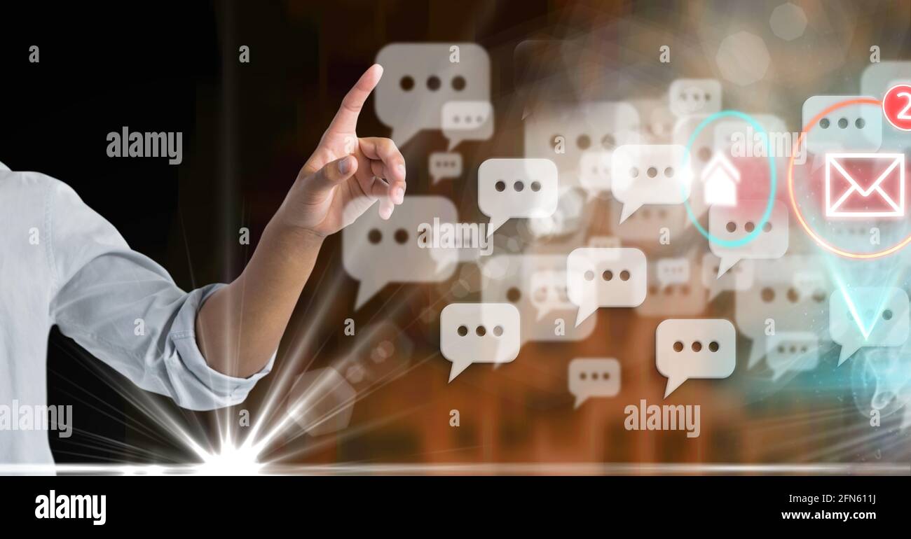 Composition of woman touching interactive screen with digital icons and ...