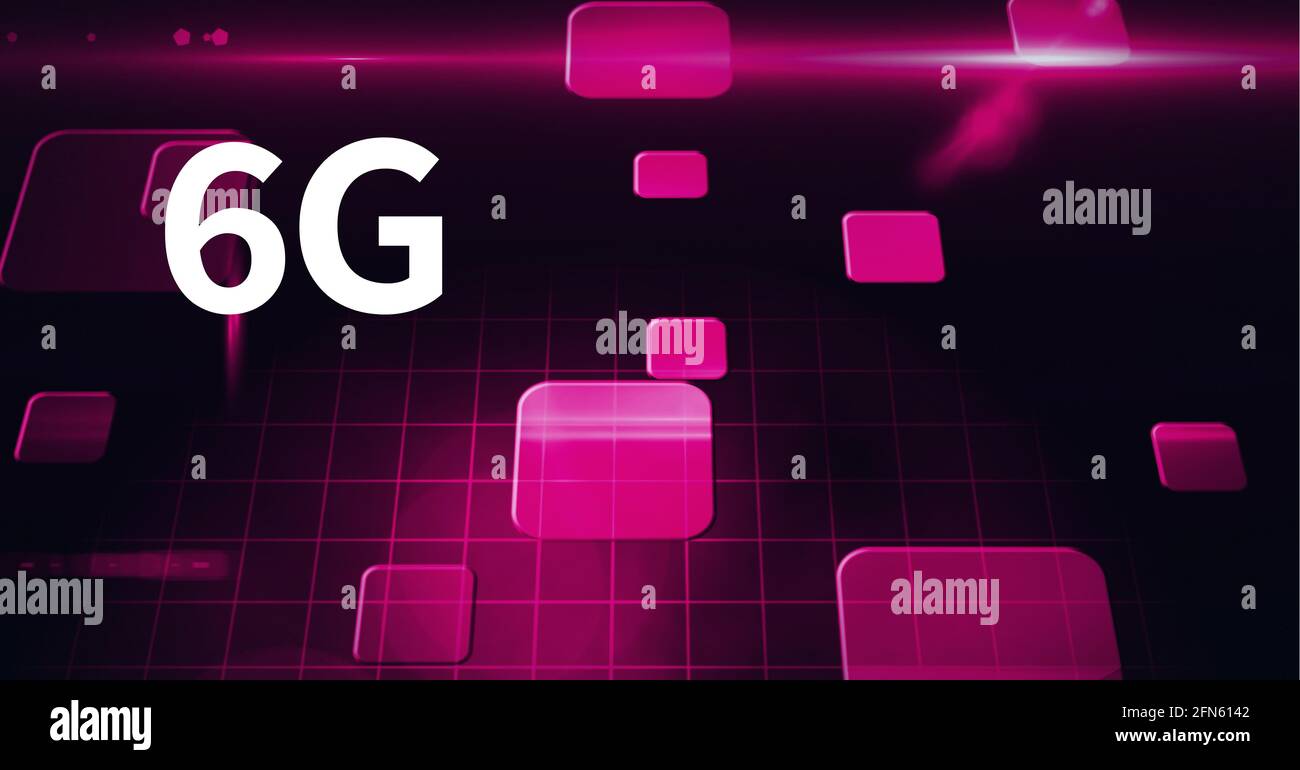 Composition of 6g text over pink screens over grid on pink background ...