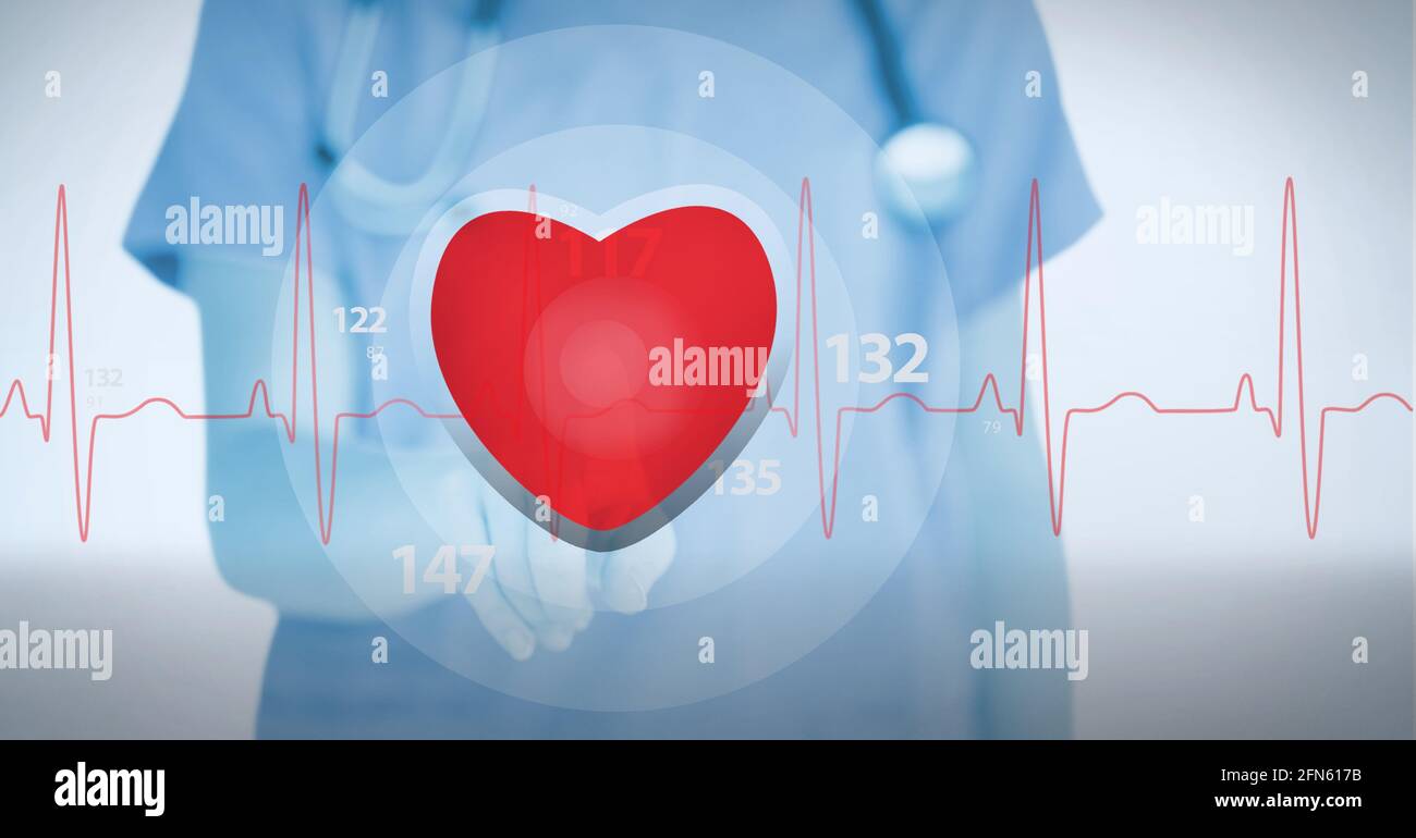Composition of doctor touching screen with red heart on heart rate ...