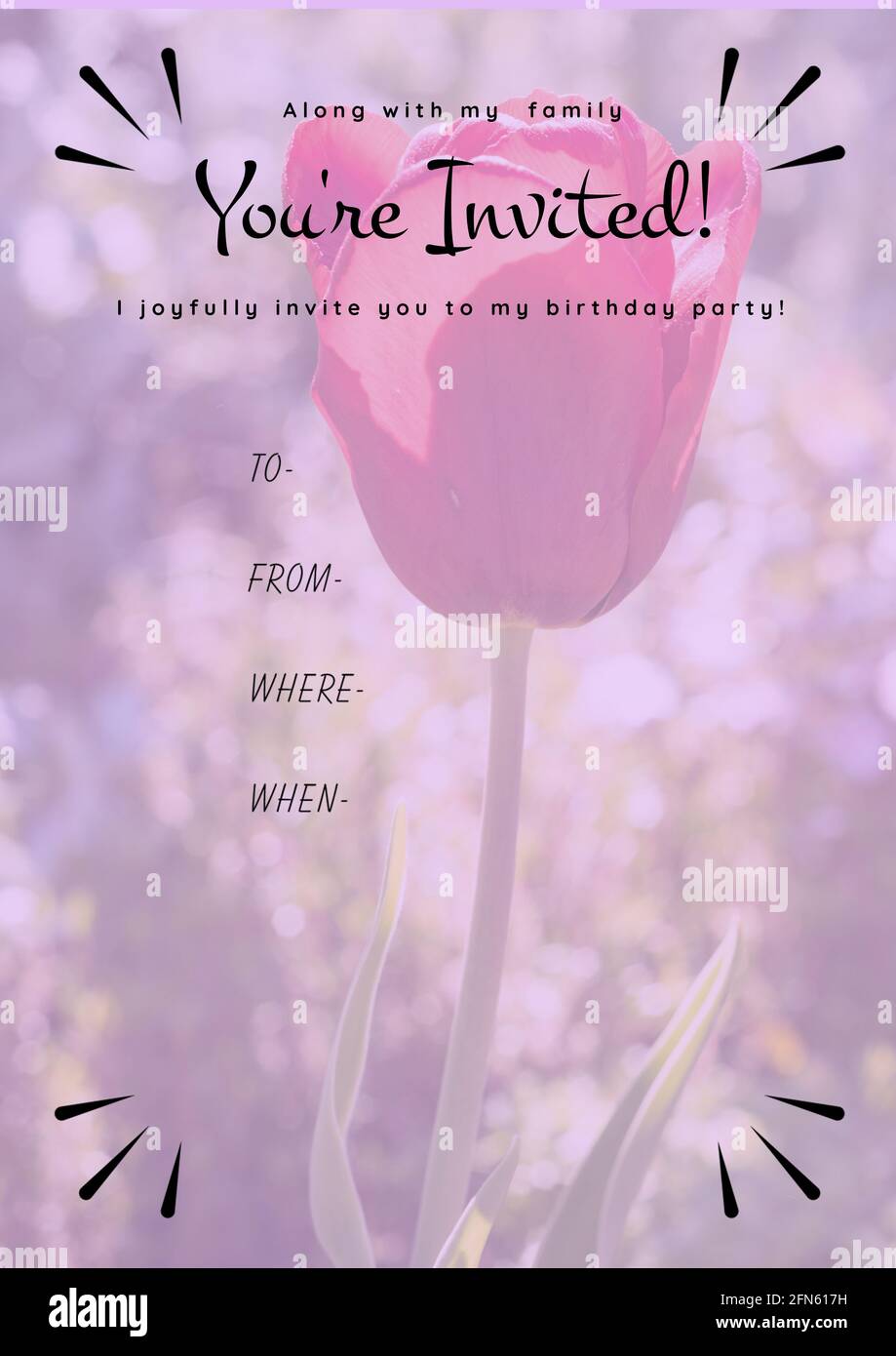 You're invited message in black with red flower, invite with details ...