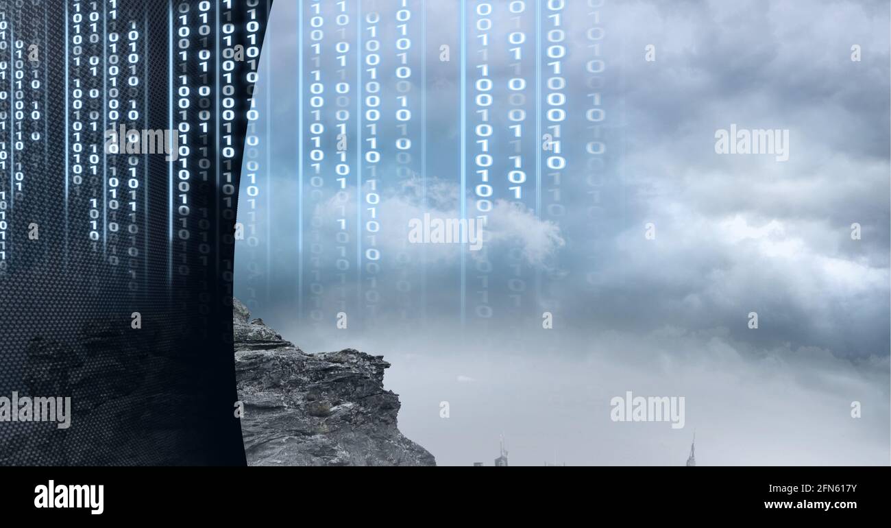 Composition of binary coding over clouds, landscape and grey edge Stock ...