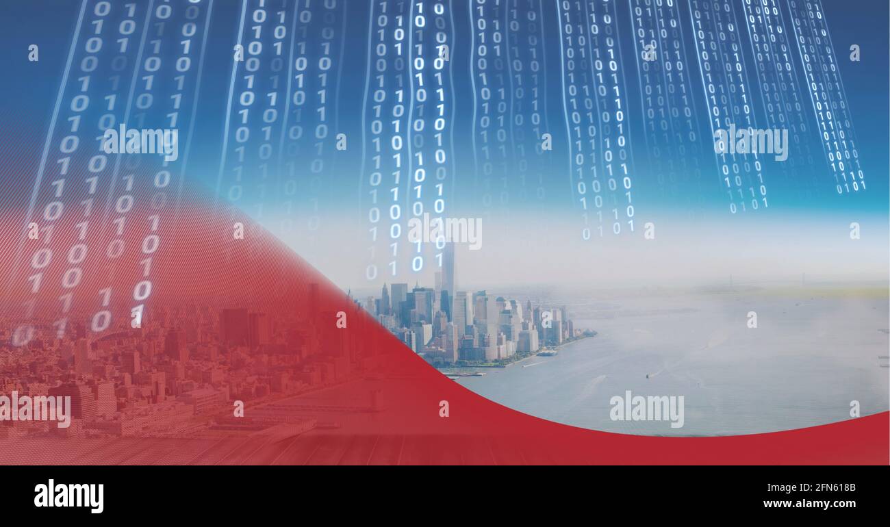 Composition Of Binary Coding Over Cityscape And Red Background Stock