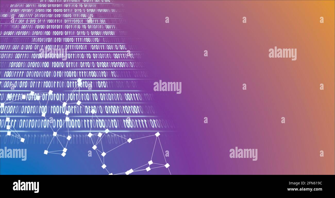 Composition of binary coding and network of connections on orange to purple background Stock ...