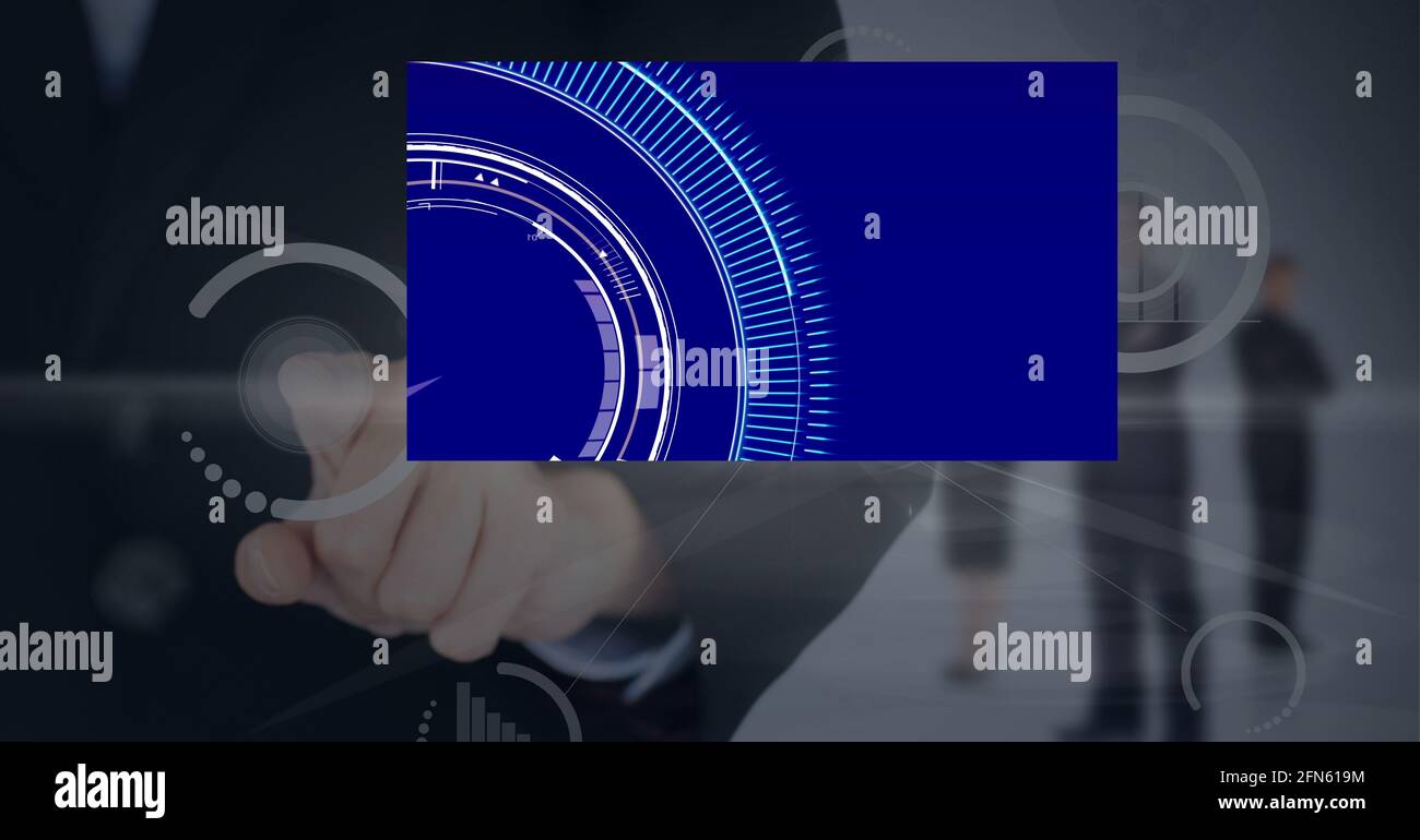Composition of businessman touching interactive screen with scopes and data processing Stock ...
