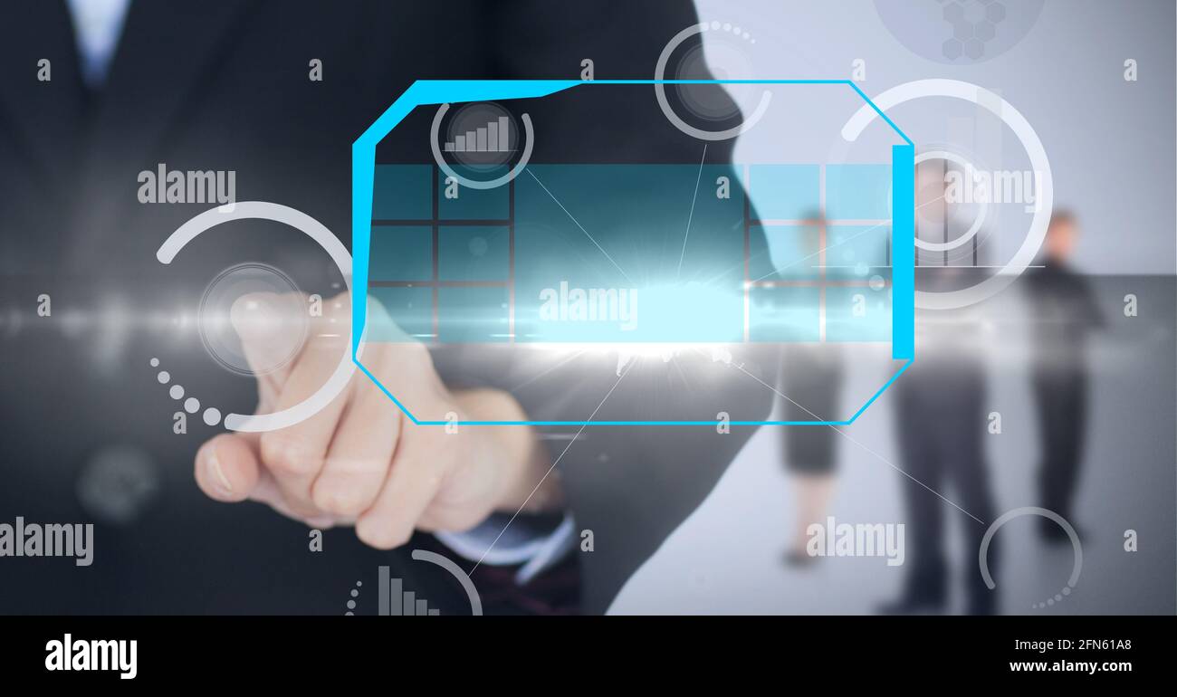 Composition of businessman touching interactive screen with scopes and data processing Stock ...
